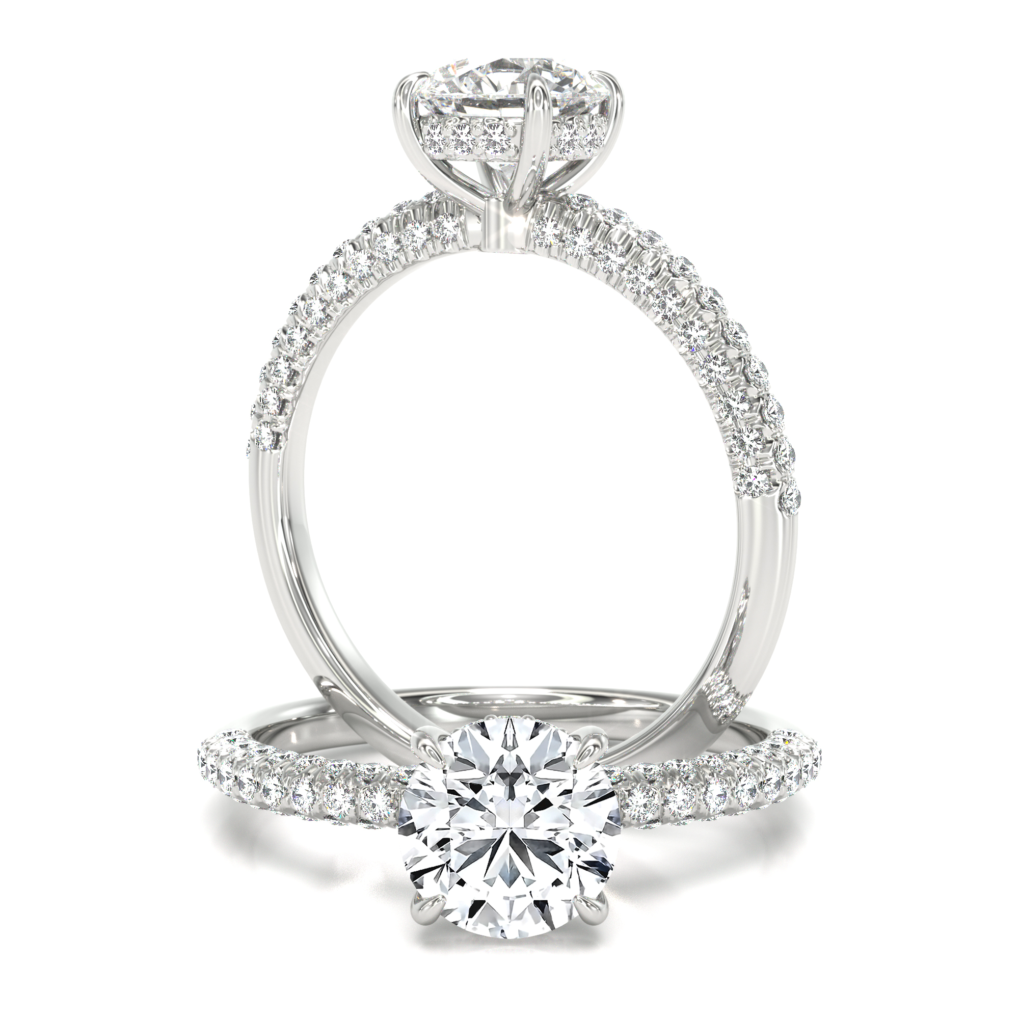 Round diamond hidden halo with shoulder stones in 18ct white gold - PD049W