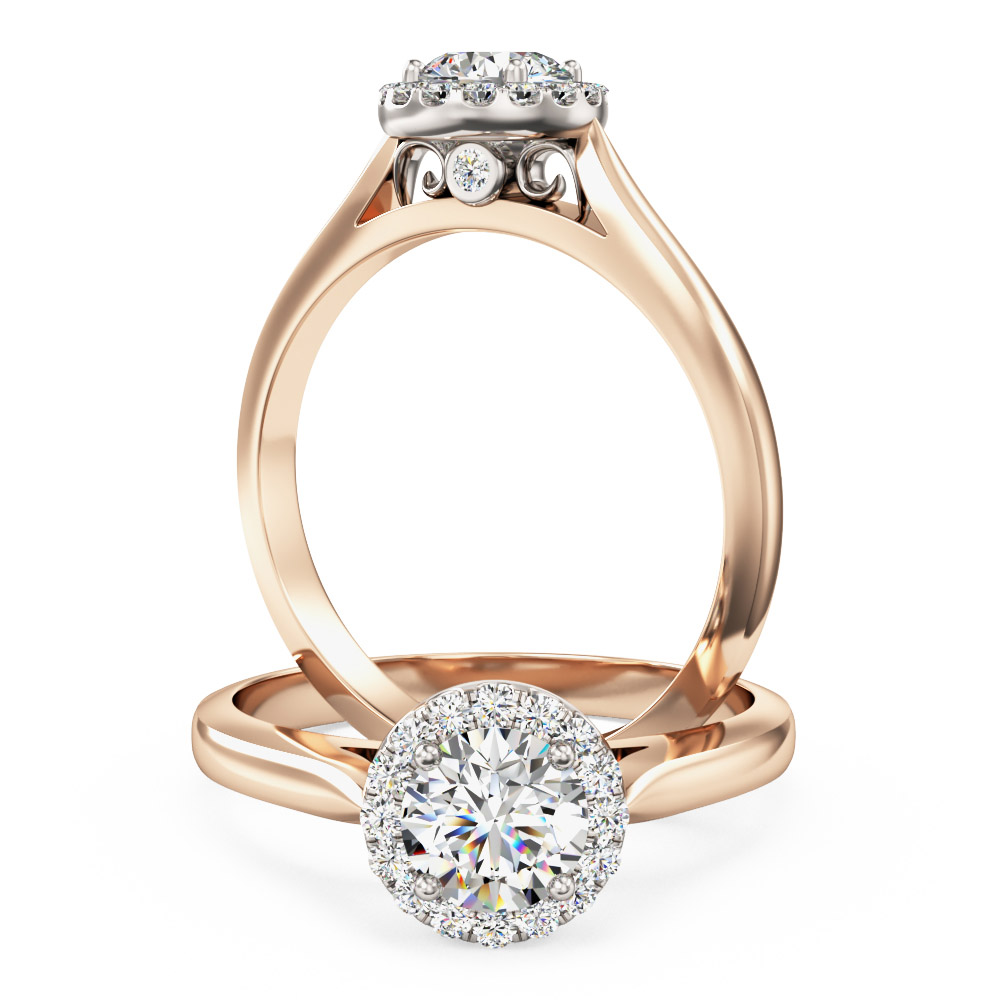 Round cut diamond halo ring in 18ct rose & white gold - PD829RW