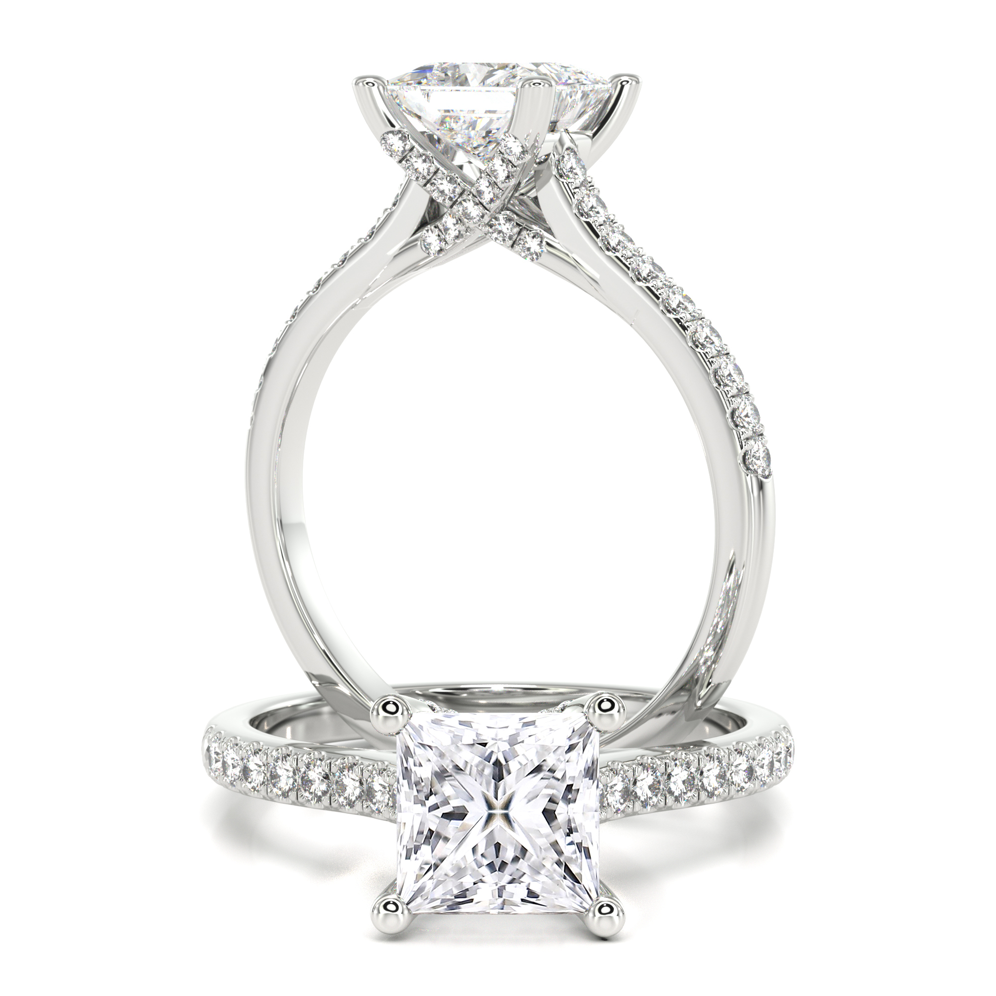 Princess cut diamond ring with shoulder stones in 18ct white gold - PD906W