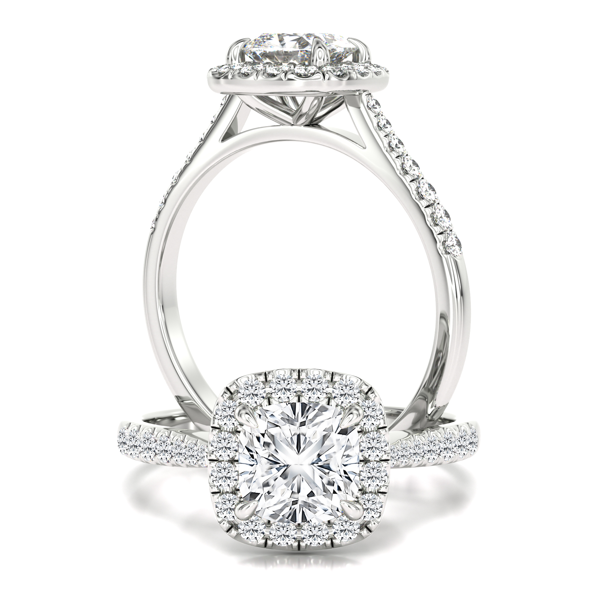 Cushion cut diamond halo with shoulder stones in platinum - PD916PL