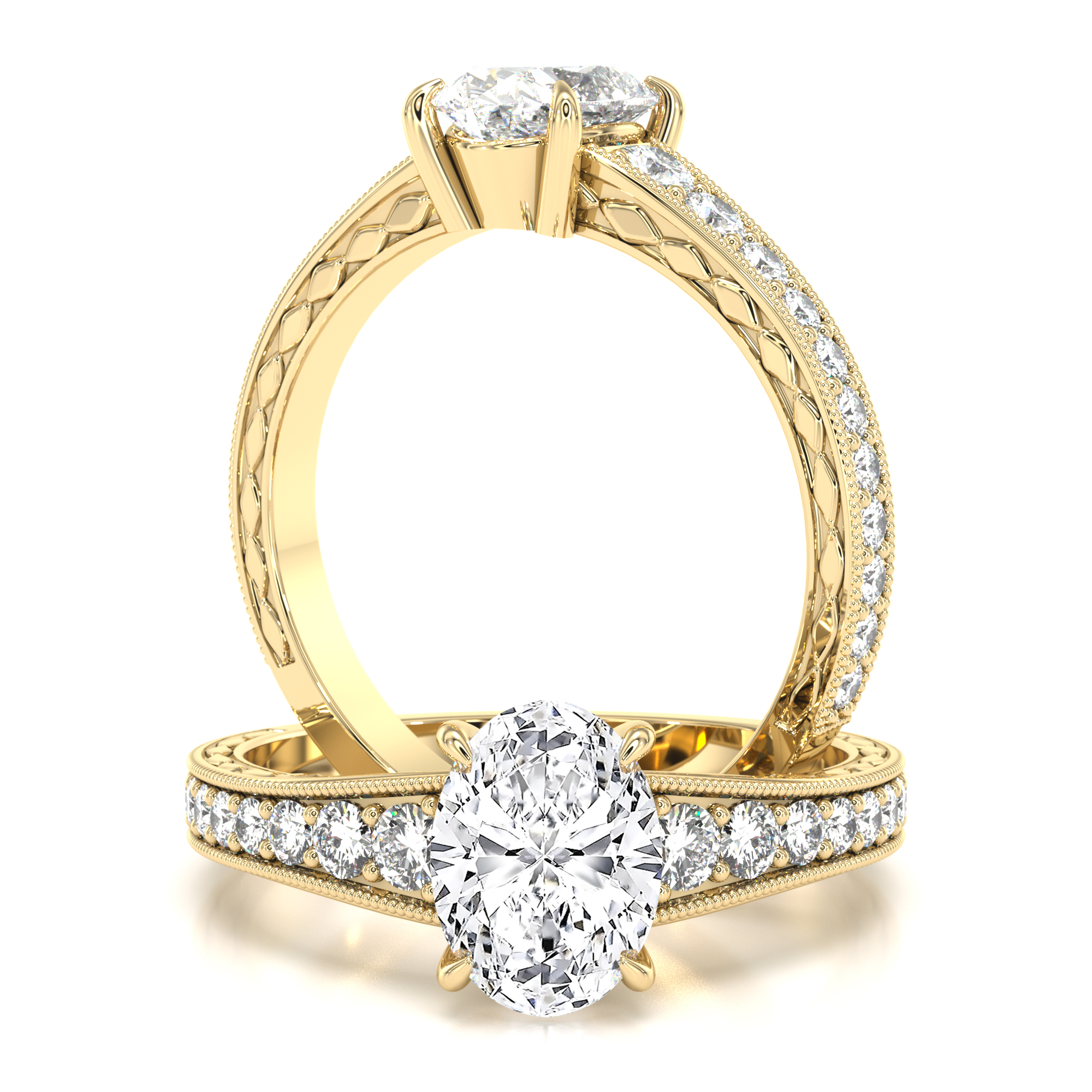 Oval cut diamond ring with shoulder stones in 18ct yellow gold - PD944Y