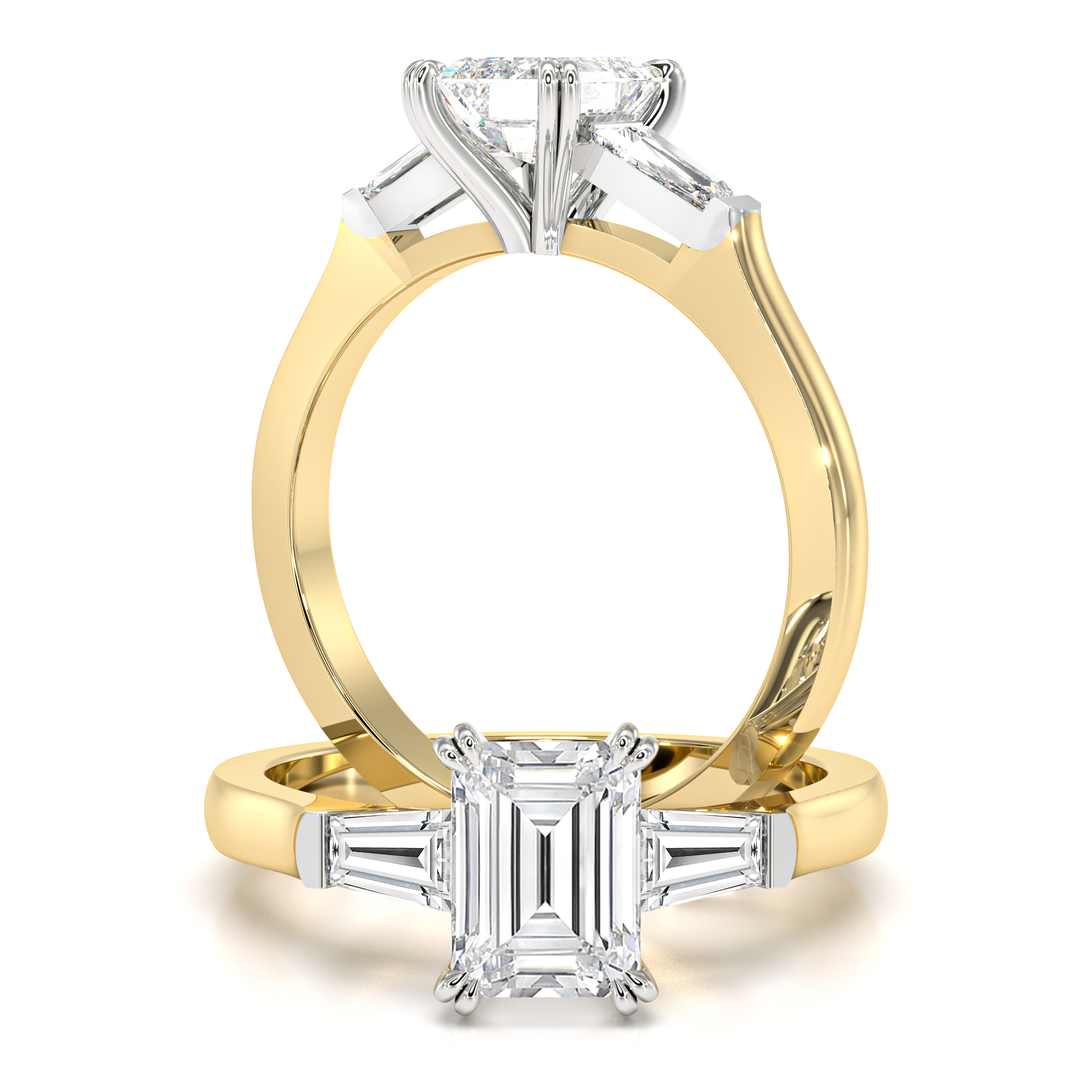 Charming emerald cut diamond ring with taper baguette shoulder stones ...