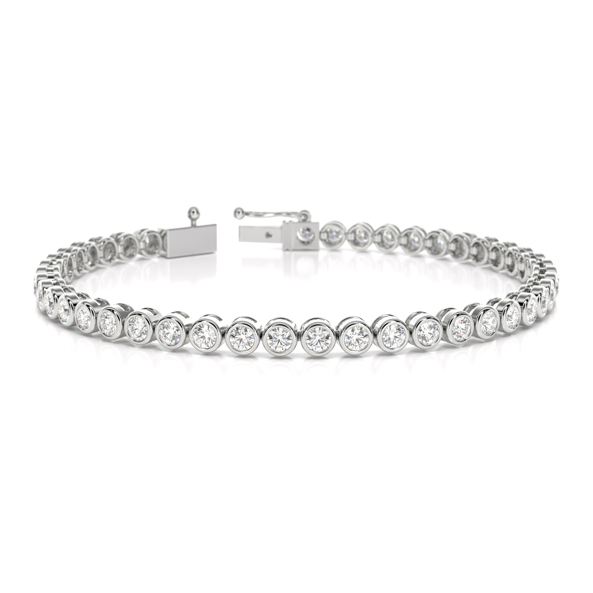 Round cut diamond bracelet in a rub-over setting in 18ct white gold ...