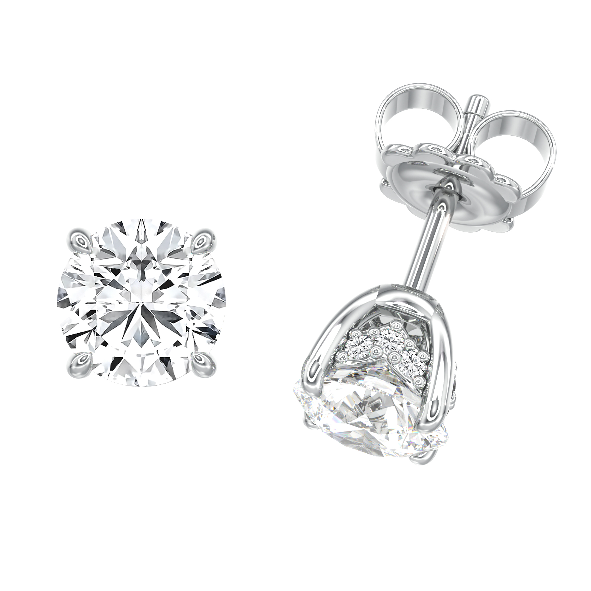 Pair of round cut lab grown diamond hidden halo earrings in 18ct white ...