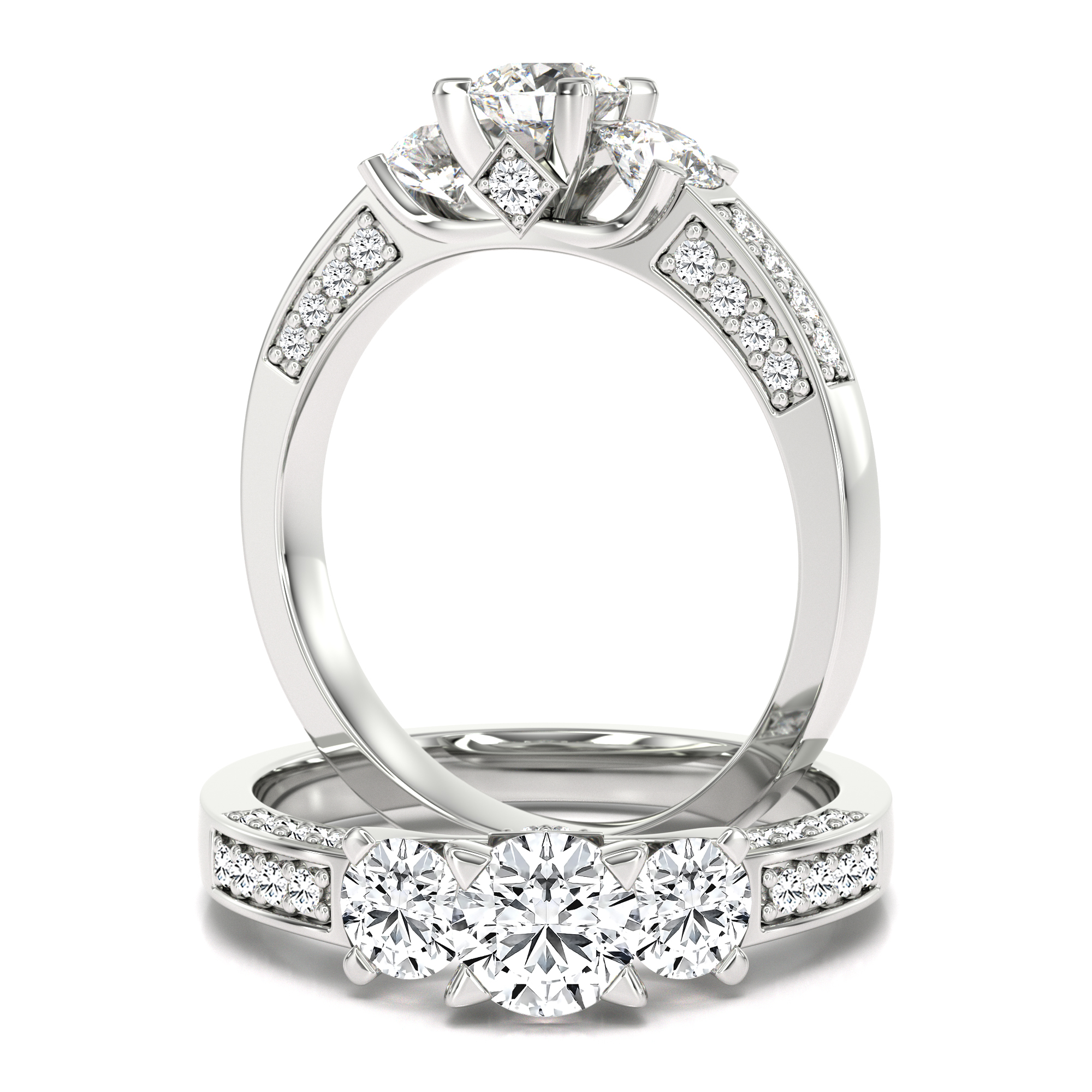 Lab grown diamond three stone ring with shoulder stones in 18ct white ...