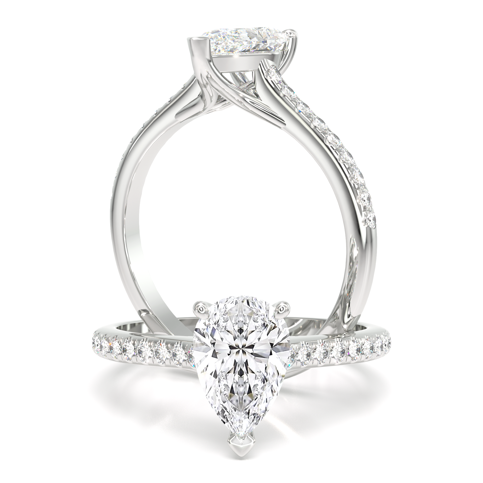 Lab grown pear shaped diamond ring with shoulder stones in platinum ...