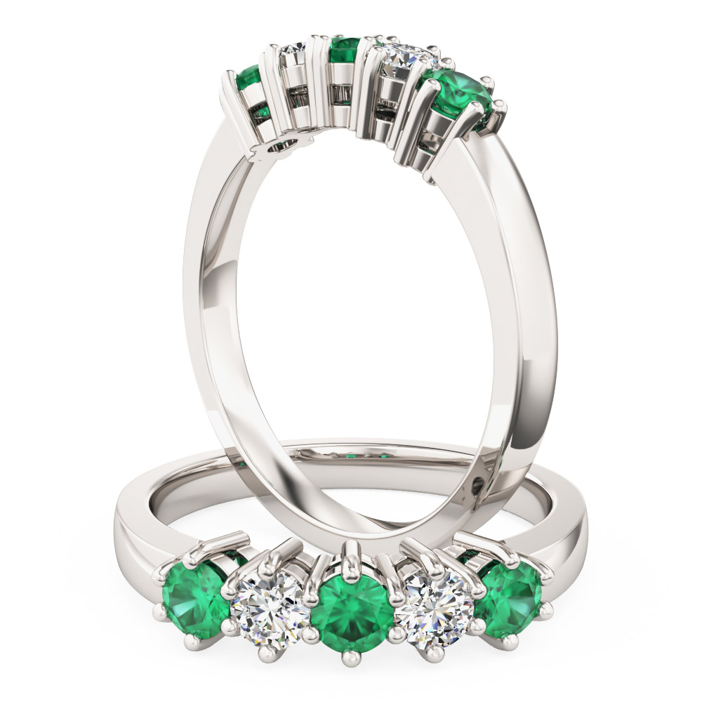 Emerald & diamond five stone ring in 18ct white gold - PDM248W