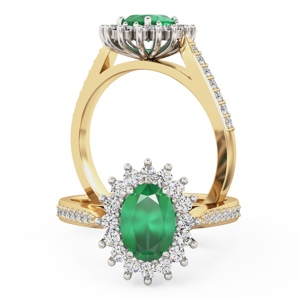 Emerald and diamond halo with shoulder stones in 18ct yellow & white ...