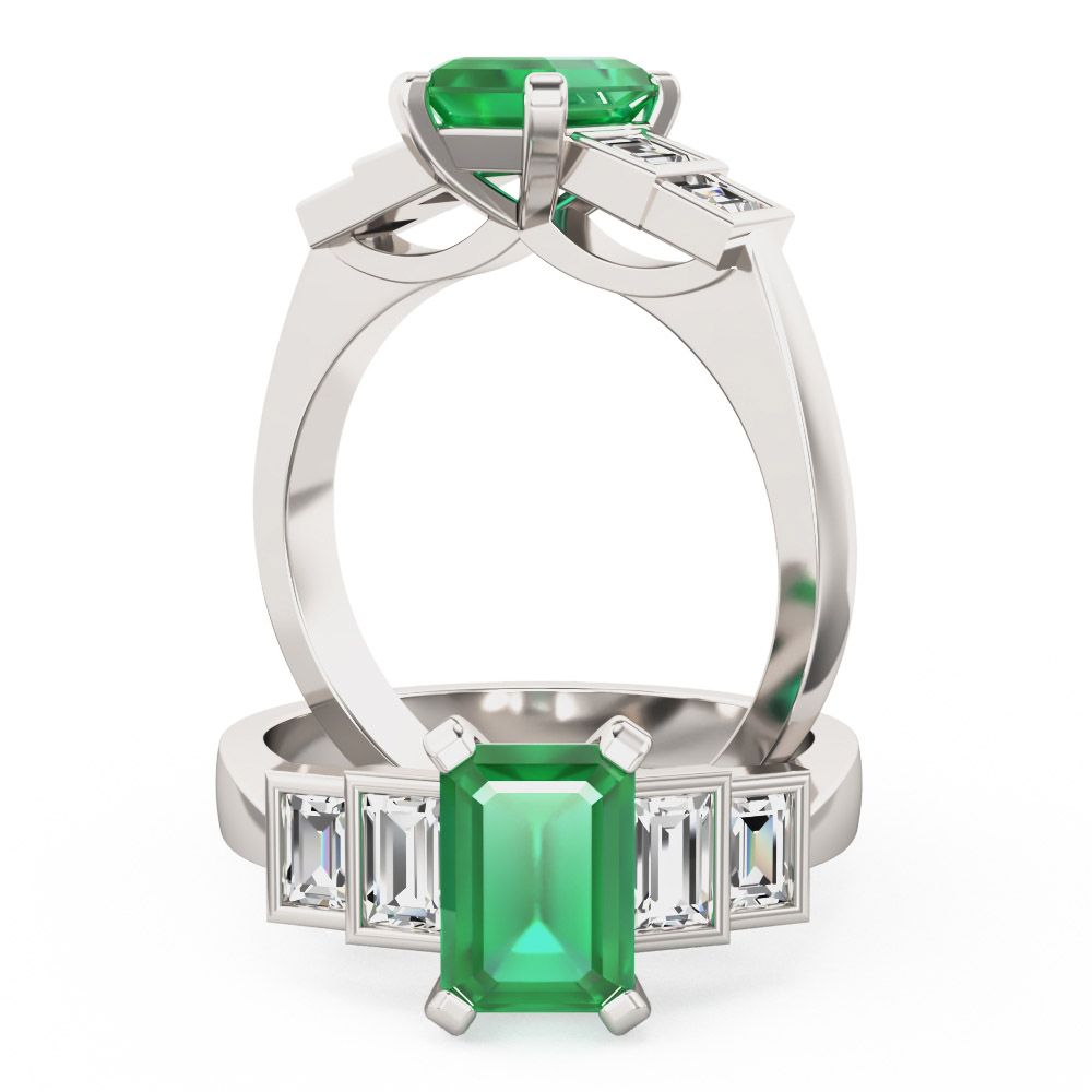 Emerald and diamond five stone ring in 18ct white gold - PDM717W