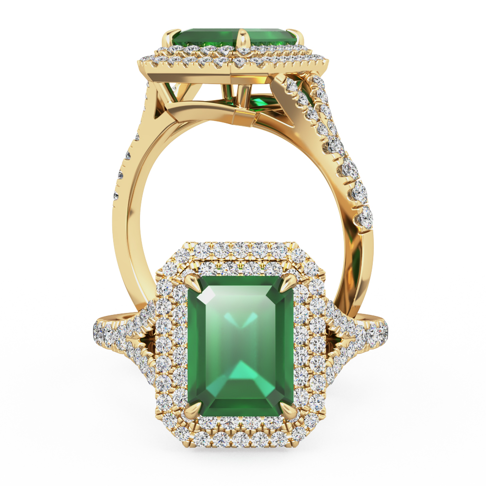 Emerald and diamond double halo set in 18ct yellow gold - PDM742Y