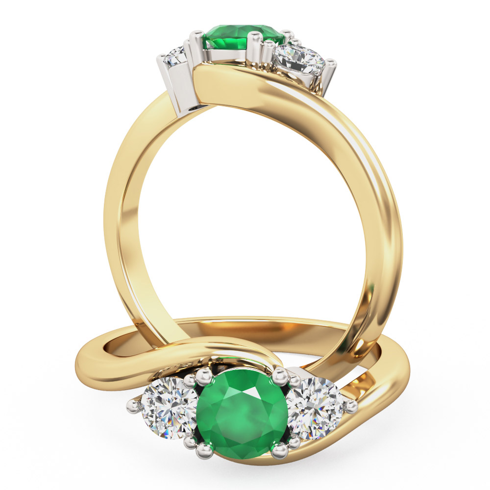 Round emerald and diamond three stone in 18ct yellow & white gold ...