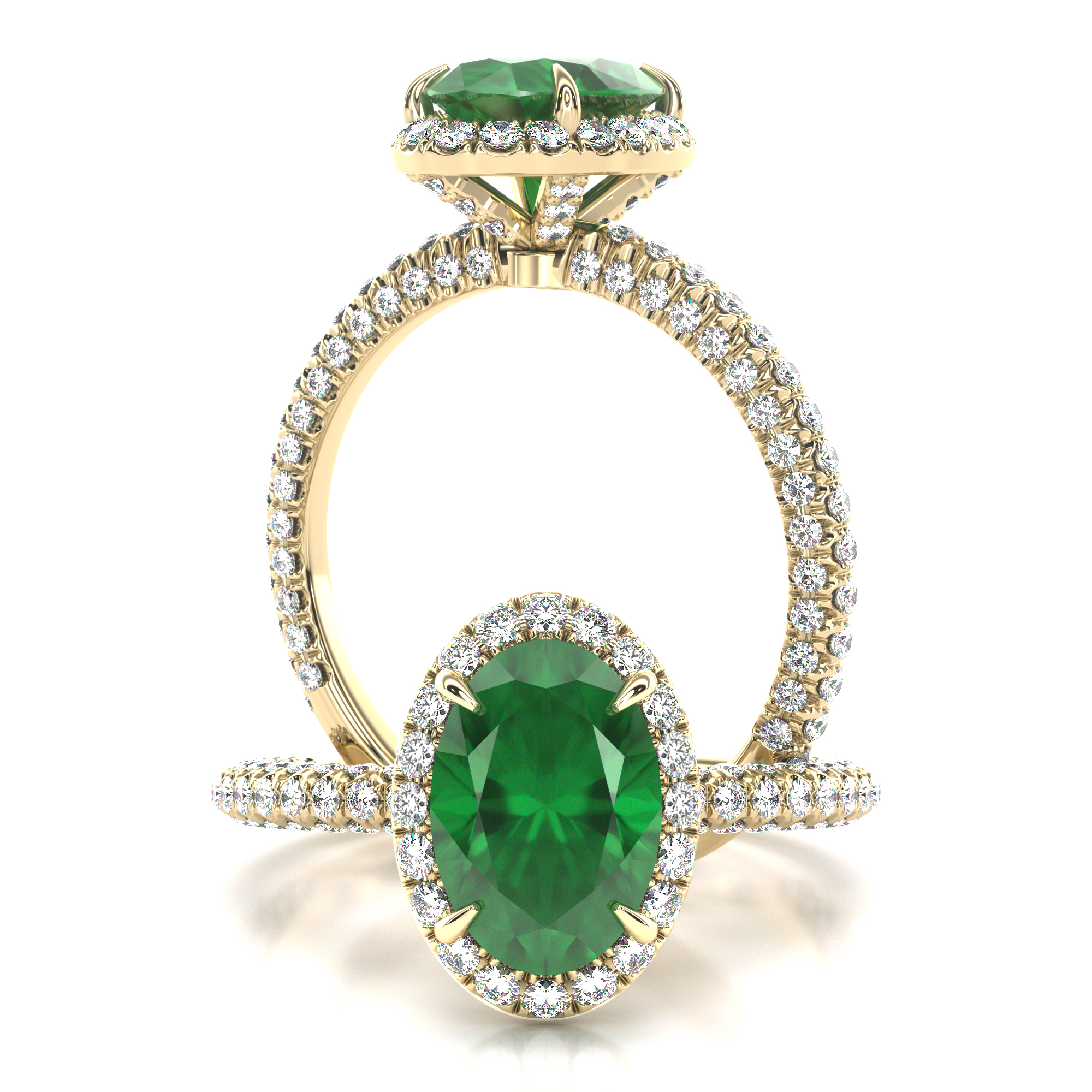 Oval cut emerald and diamond halo with shoulder stones in 18ct yellow ...
