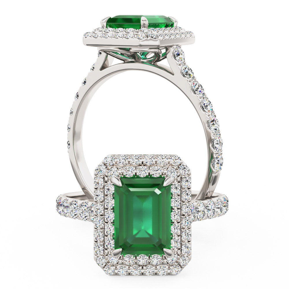 Emerald cut emerald and diamond double halo set in 18ct white gold ...