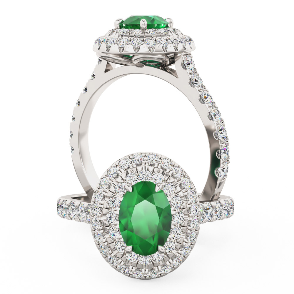 Oval cut emerald and diamond double halo set in 18ct white gold - PDM935W