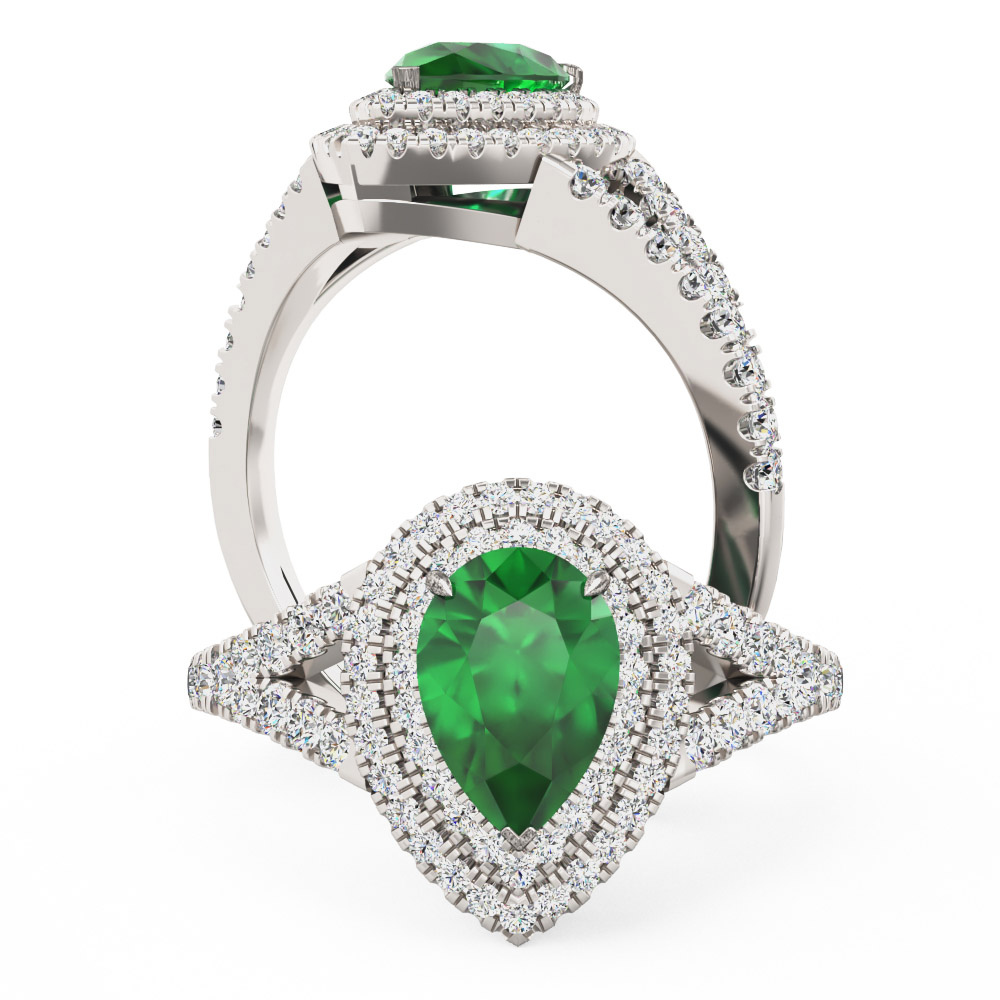 Emerald and diamond double halo ring with shoulder stones in 18ct white ...