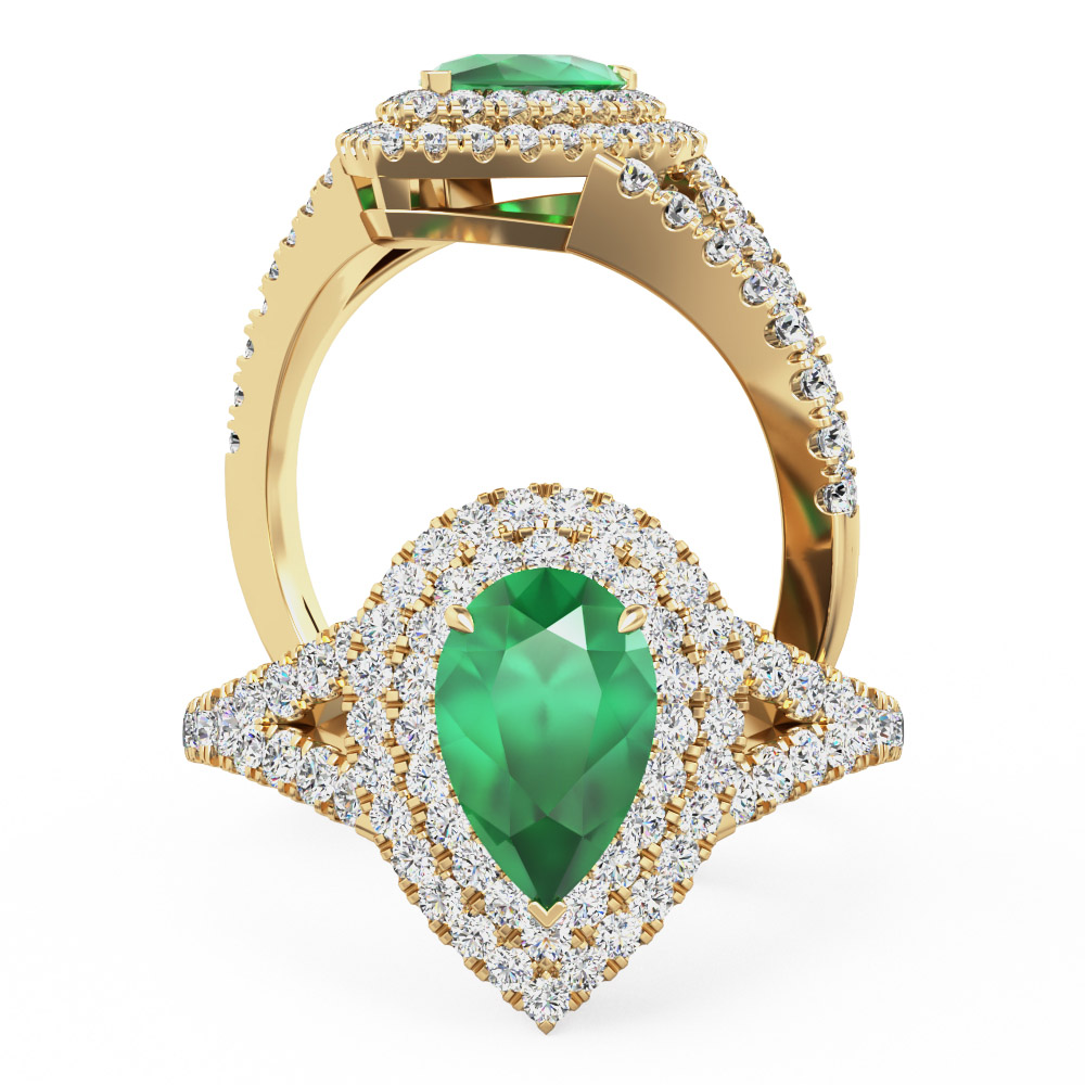 Emerald and diamond double halo ring with shoulder stones in 18ct ...