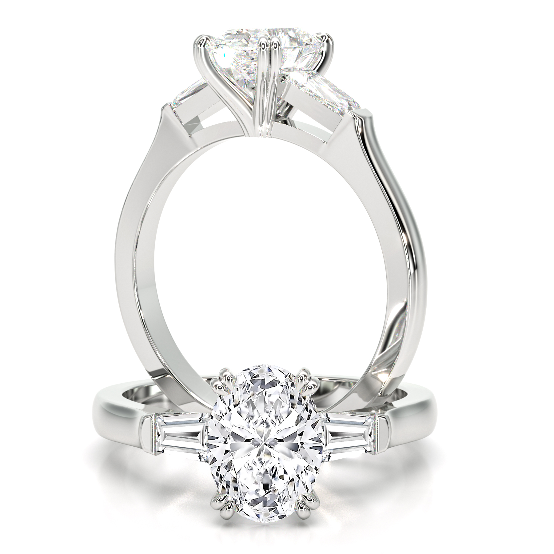 Oval cut diamond ring with taper baguette shoulder stones in platinum ...