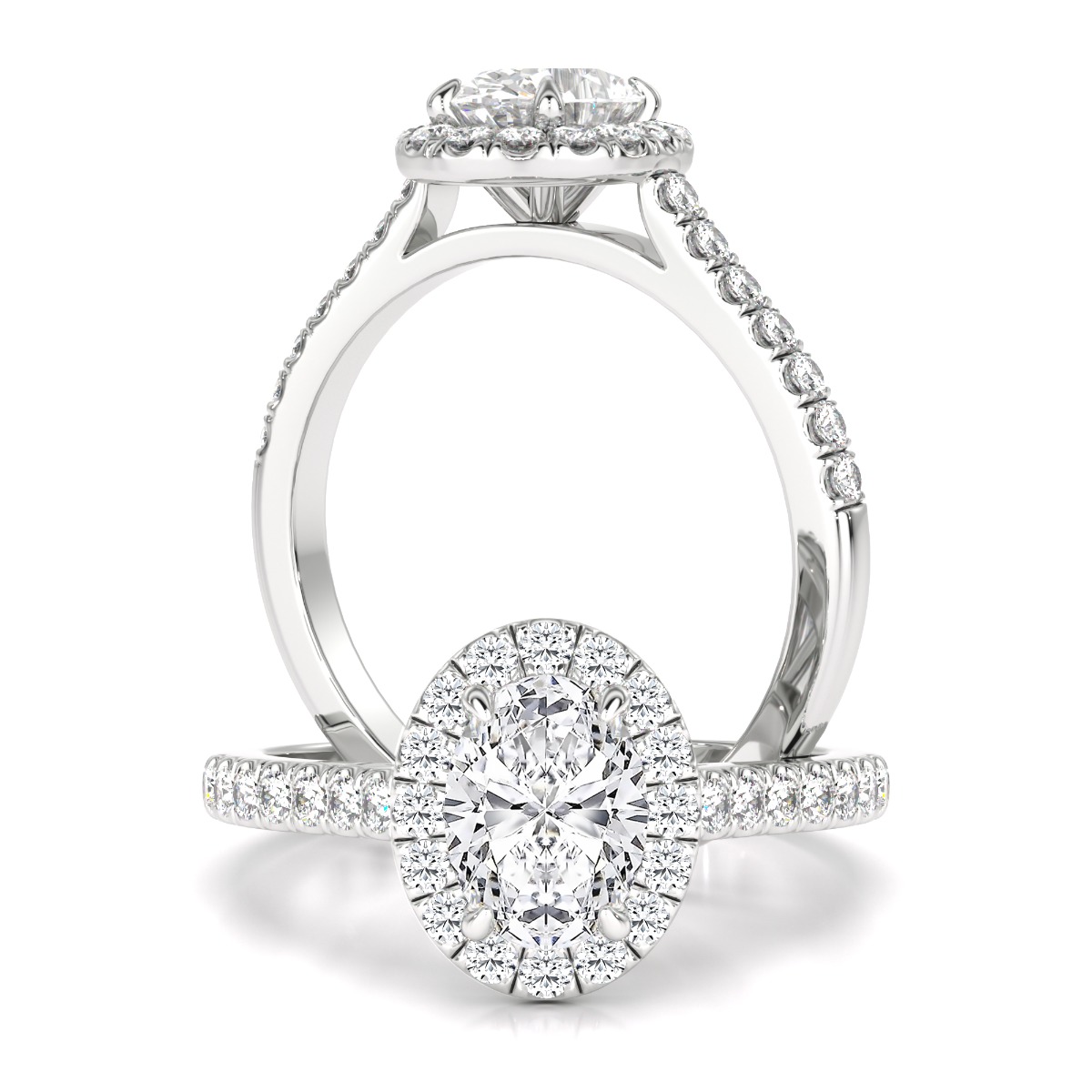 Oval cut diamond halo with shoulder stones in 18ct white gold - PD930W